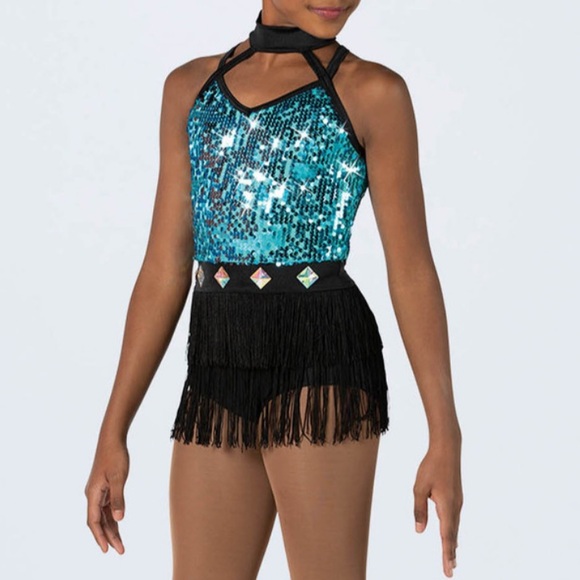 Weissman | Dresses | Weissman Dance Costume Sequin Fringe Rhinestoneleotard Teal Adult Medium ...